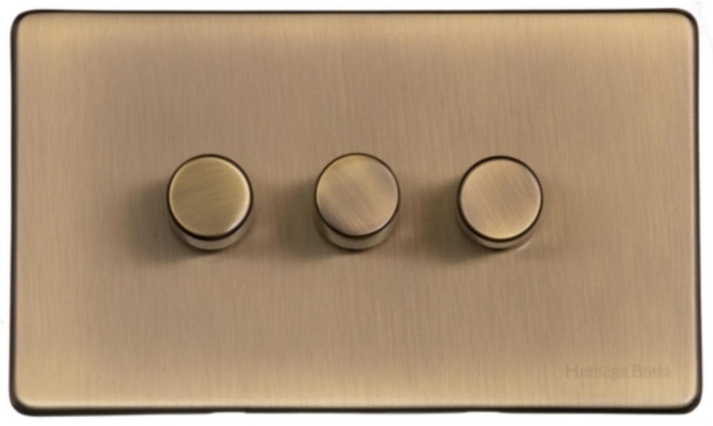 Heritage Brass Vintage Antique Brass 3 Gang 250W Dimmer with Antique ...