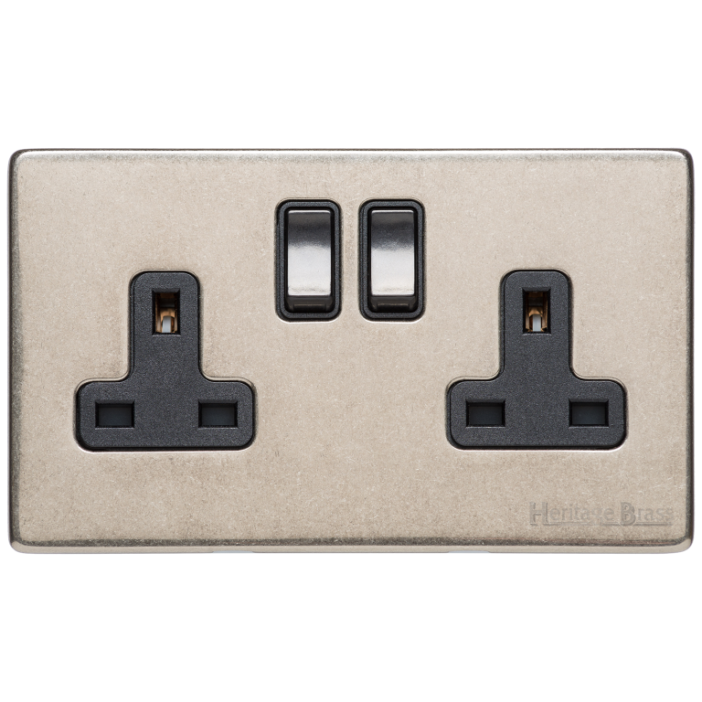 Heritage Brass Vintage Rustic Nickel 13A Double Socket with Black ...