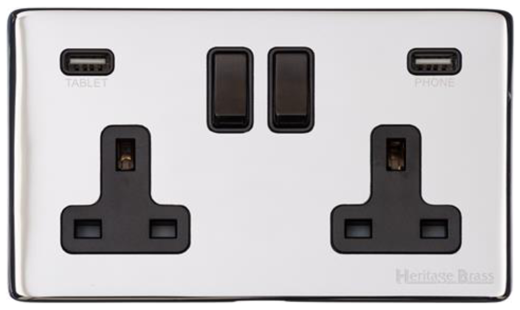 Heritage Brass Vintage Polished Chrome 13A Double Socket and Dual USB ...