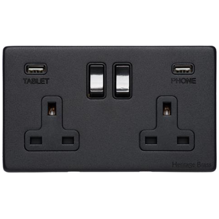 Heritage Brass Vintage Matt Black 13A Double Socket and Dual USB ...
