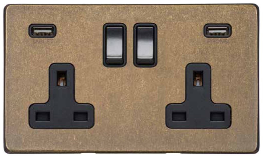 Heritage Brass Vintage Rustic Brass 13A Double Socket and Dual USB ...