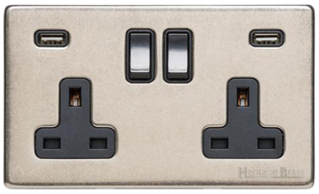 Heritage Brass Vintage Rustic Nickel 13A Double Socket and Dual USB ...