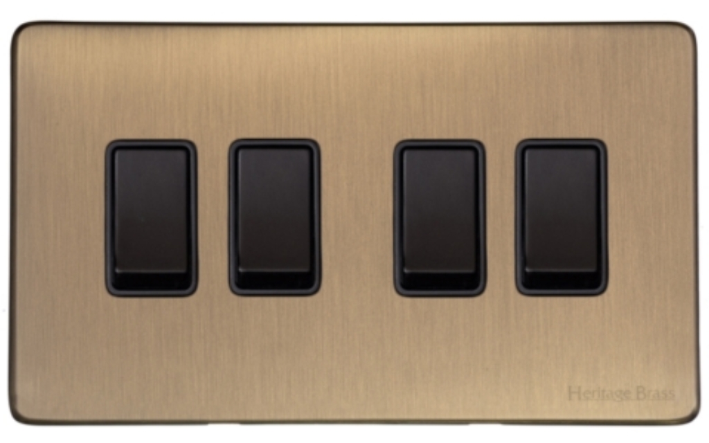 Heritage Brass Vintage Antique Brass 4 Gang 10A Switch with Black ...