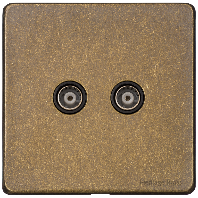 Heritage Brass Vintage Rustic Brass 2 Gang TV Coaxial Socket with Black ...