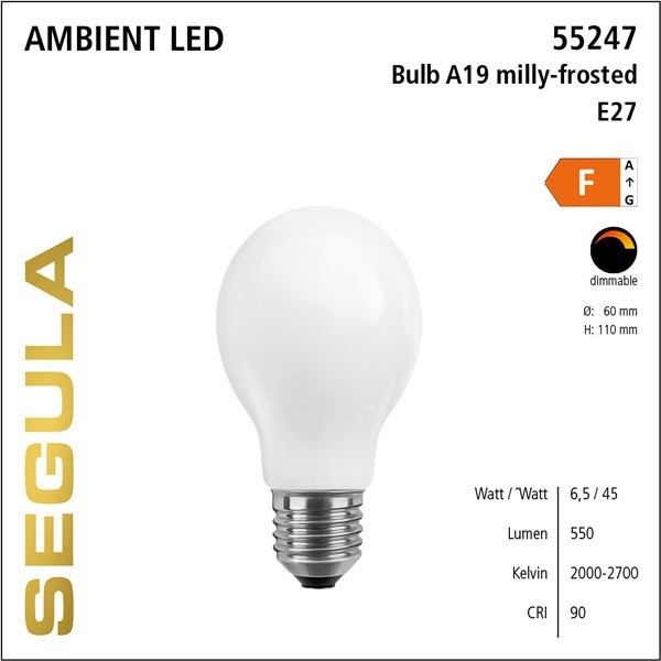 Segula Ambient Line 6.5W 2000-2700K Dimmable E27 Milky-Frosted A19 LED ...