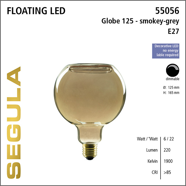 Segula Floating Line 6W 1900K Dimmable E27 Smokey Grey Globe 125 LED ...
