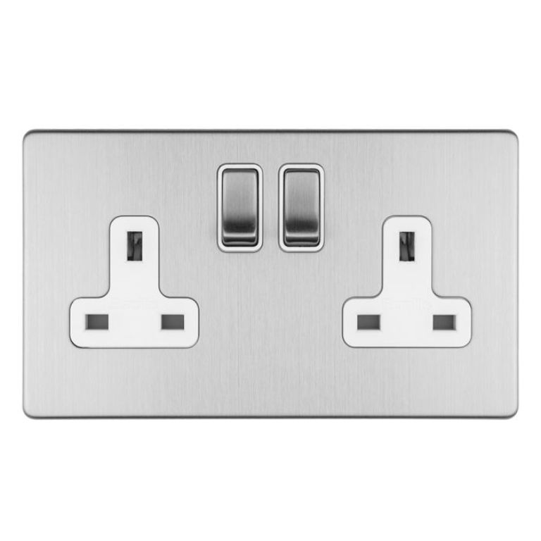 Eurolite Concealed 3mm Stainless Steel 2 Gang 13A Double Pole Switched Socket with White Insert ...