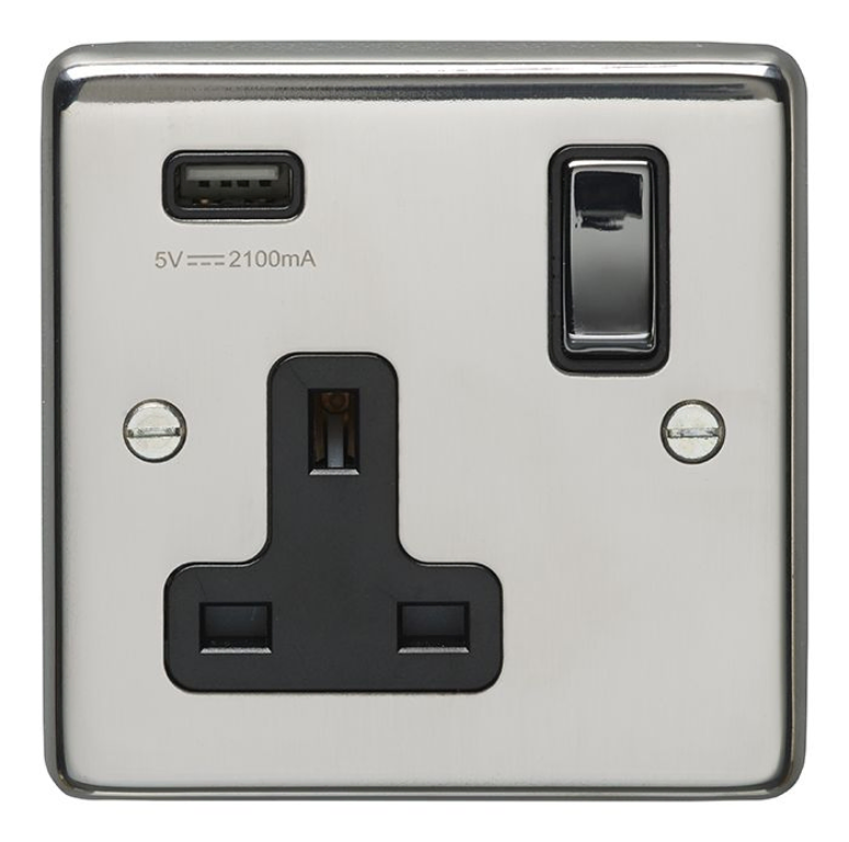Eurolite Polished Stainless Steel 1 Gang 13A Switched Socket with USB ...