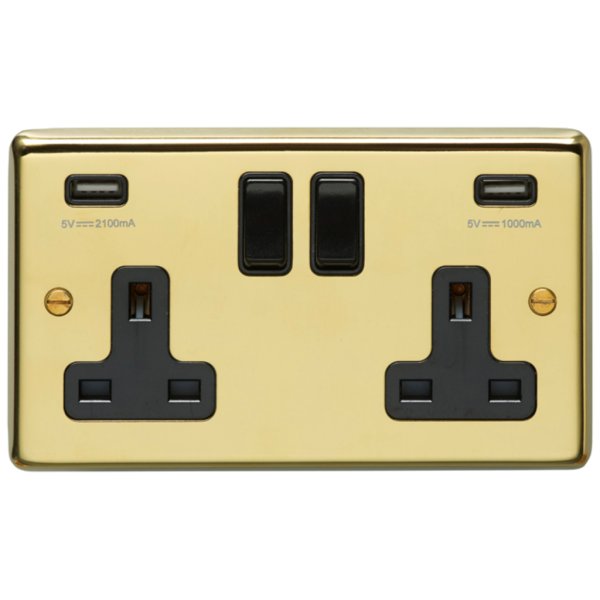 Eurolite Stainless Steel Polished Brass 2 Gang 13A Switched Socket with ...