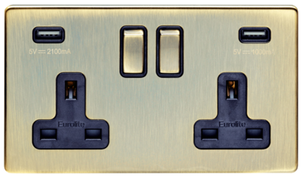 Eurolite Concealed 3mm Antique Brass 2 Gang 13A Switched Socket with ...