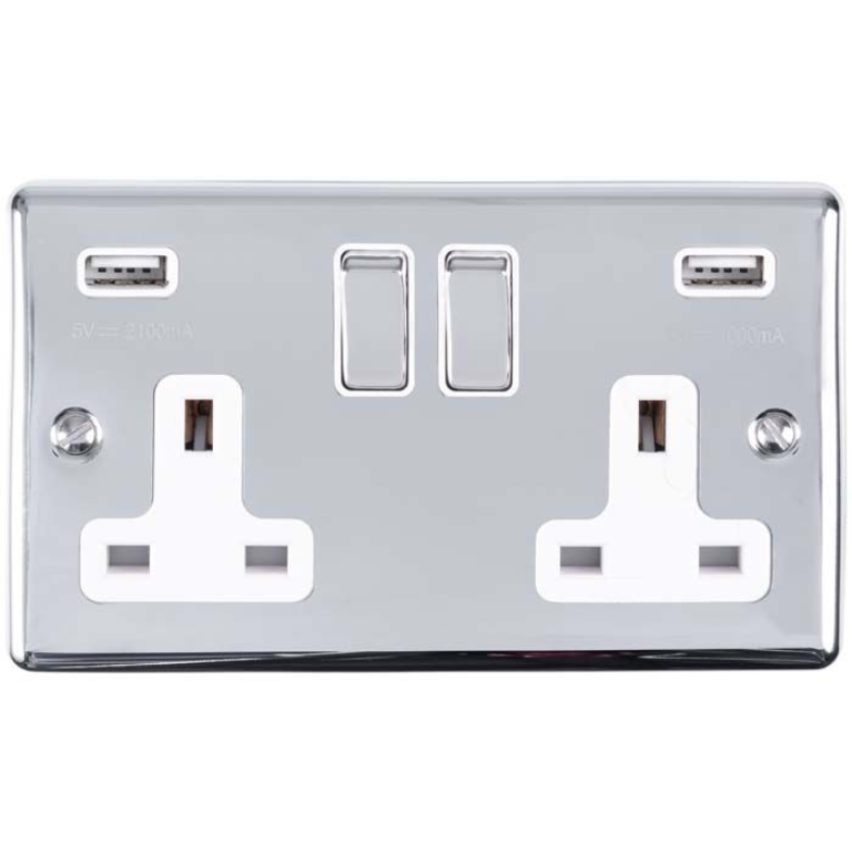 Eurolite Enhance Polished Chrome 2 Gang 13A Switched Socket with 3.1A ...