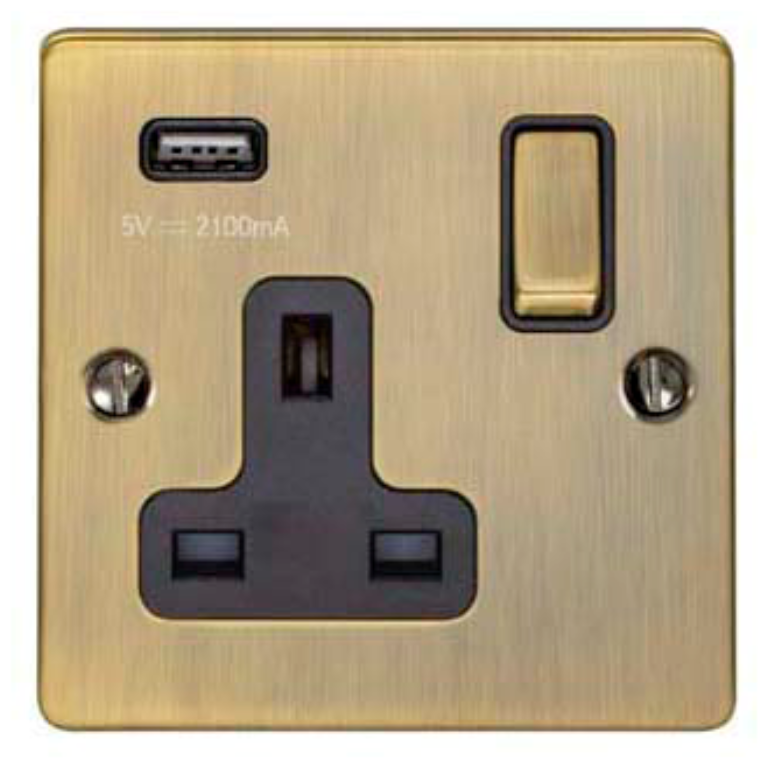 Eurolite Enhance Antique Brass 1 Gang 13A Switched Socket with 2.1A USB ...