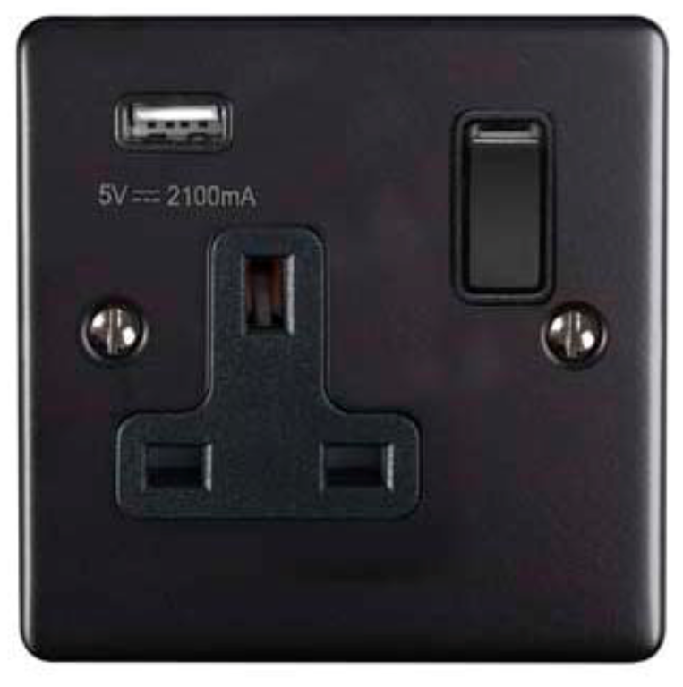 Eurolite Enhance Matt Black 1 Gang 13A Switched Socket with 2.1A USB ...