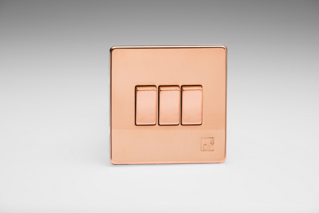 Varilight Screwless Antimicrobial Copper 3 Gang 10A 2 Way Switch | L4L