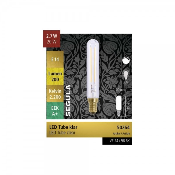 Segula 50264 Vintage Line 2.7W Dimmable E14 Clear LED Tube Bulb | L4L
