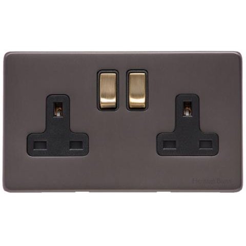 Heritage Brass Verona Matt Bronze 13A Double Socket with Antique Brass ...
