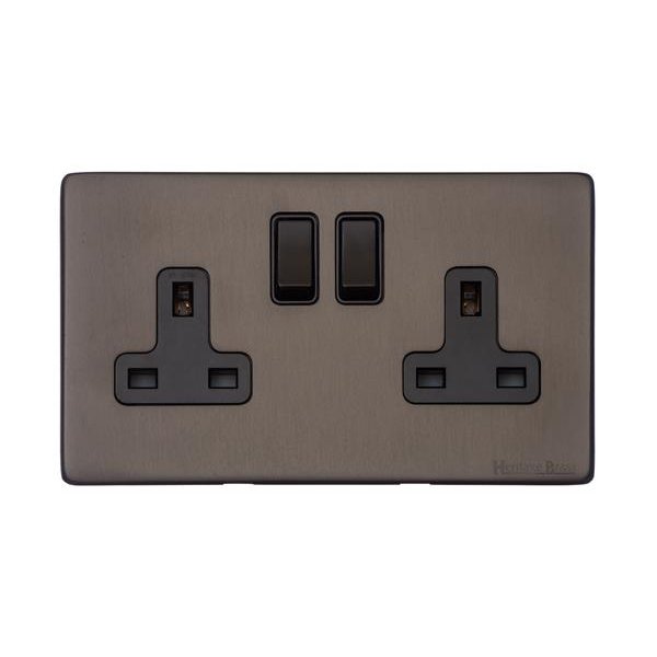 Heritage Brass Vintage Matt Bronze 13A Double Socket with Black Plastic ...
