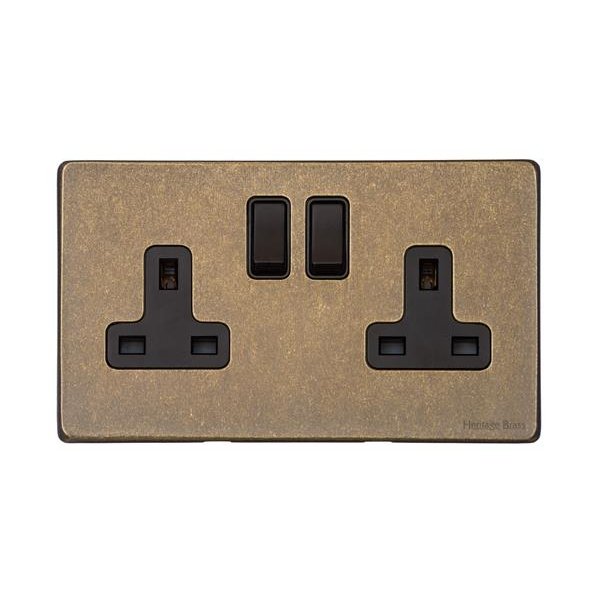 Heritage Brass Vintage Rustic Brass 13A Double Socket with Black ...