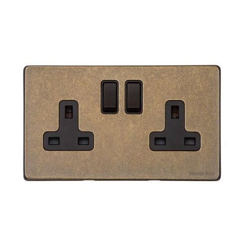 Heritage Brass Vintage Rustic Brass 13A Double Socket with Black ...