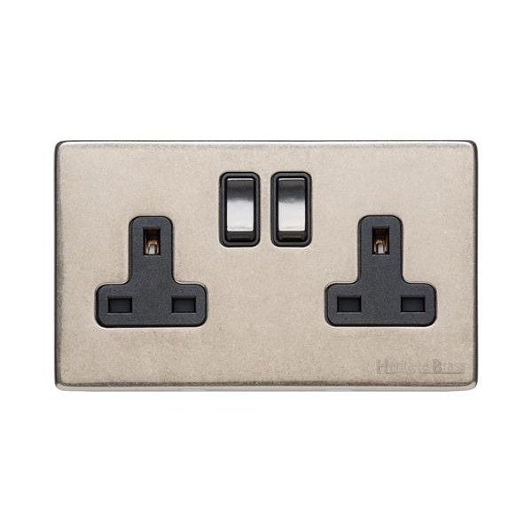 Heritage Brass Vintage Rustic Nickel 13A Double Socket with Black ...