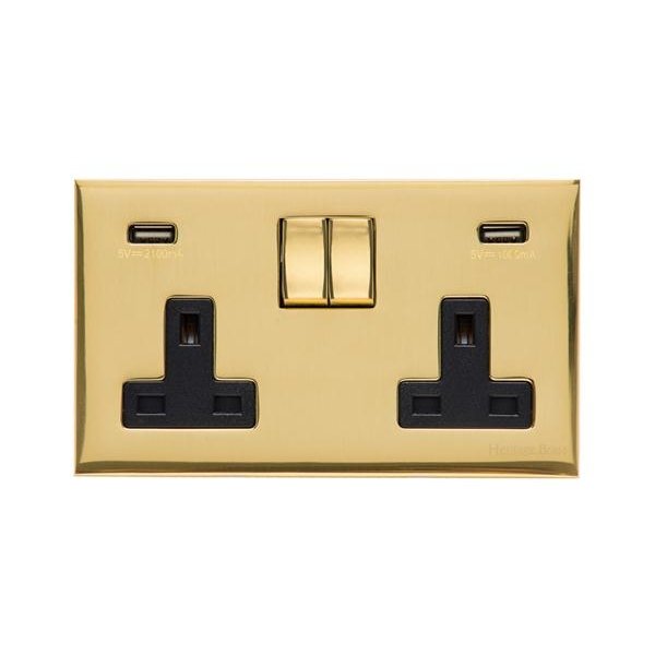 Heritage Brass Winchester Polished Brass 13A Double Socket and Dual USB ...