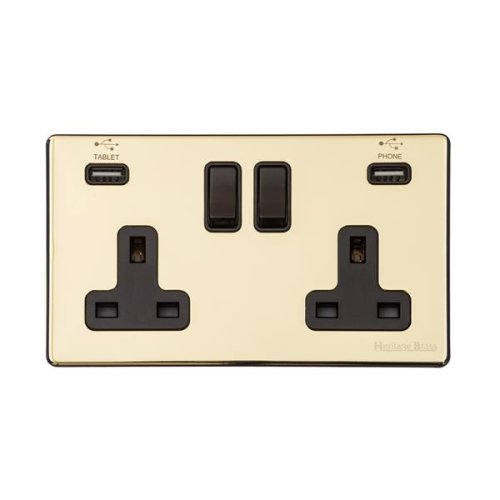Heritage Brass Vintage Polished Brass 13A Double Socket and Dual USB ...