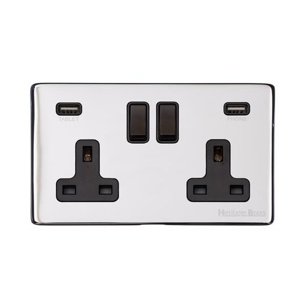 Heritage Brass Vintage Polished Chrome 13A Double Socket and Dual USB ...