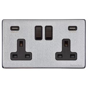 Heritage Brass Vintage Satin Chrome 13A Double Socket and Dual USB ...