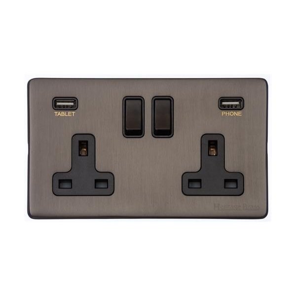 Heritage Brass Vintage Matt Bronze 13A Double Socket and Dual USB ...