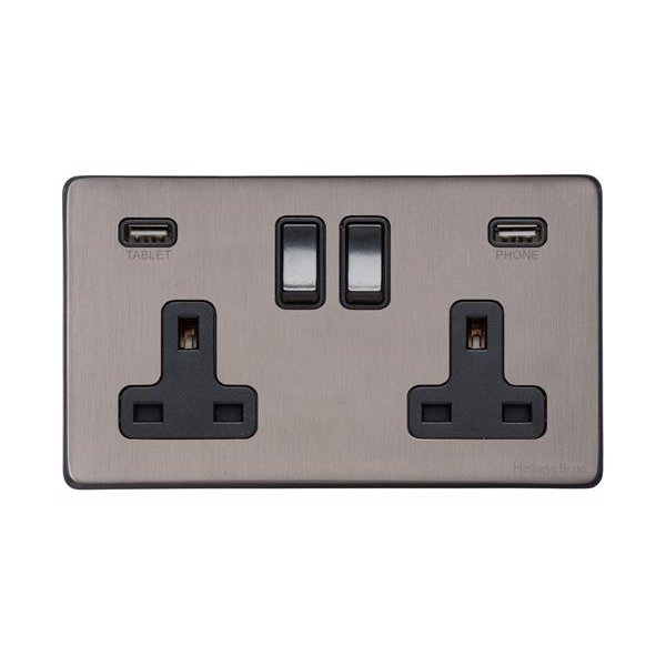 Heritage Brass Vintage Satin Black Nickel 13A Double Socket and Dual ...