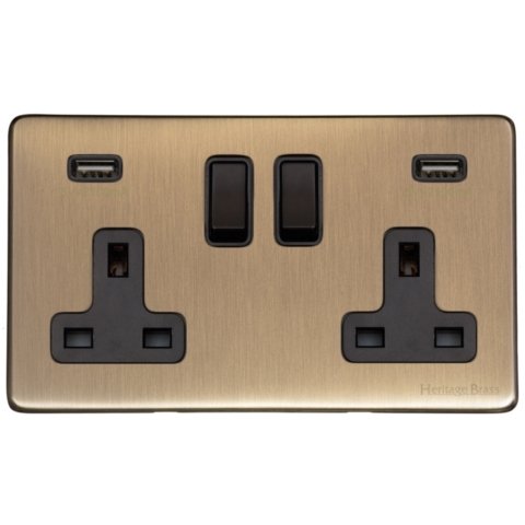 Heritage Brass Vintage Antique Brass 13A Double Socket and Dual USB ...
