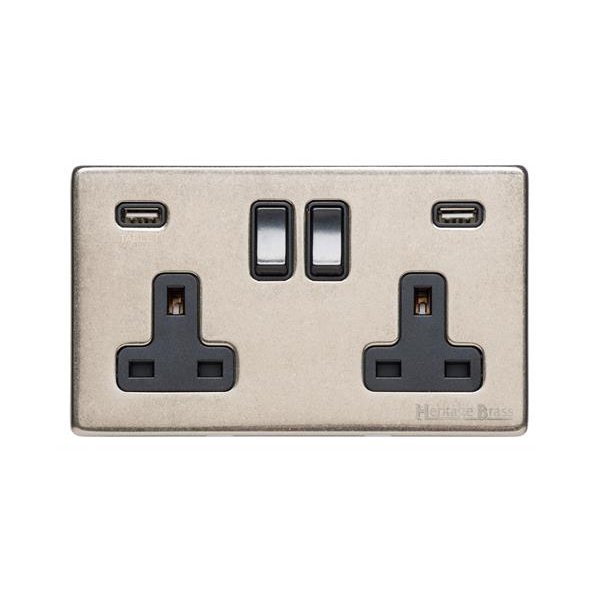 Heritage Brass Vintage Rustic Nickel 13A Double Socket and Dual USB ...