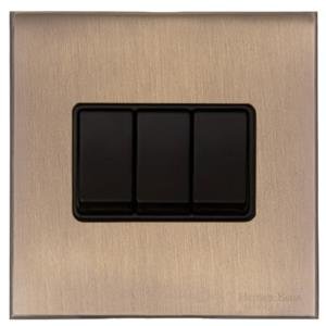 Heritage Brass Windsor Matt Antique Brass 3 Gang 10A Switch with Black ...