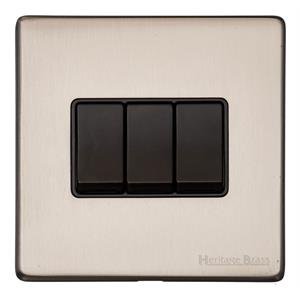 Heritage Brass Vintage Satin Nickel 3 Gang 10A Switch with Black ...