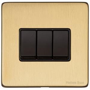 Heritage Brass Vintage Satin Brass 3 Gang 10A Switch with Black Plastic ...