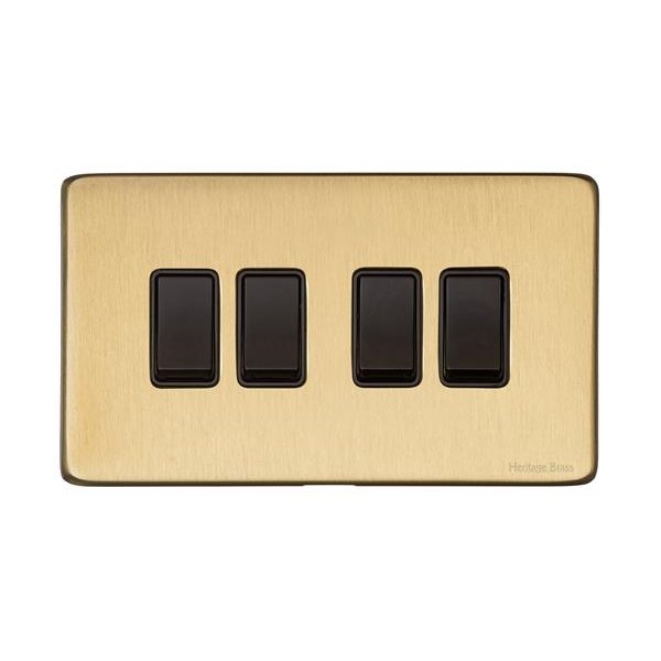 Heritage Brass Vintage Satin Brass 4 Gang 10A Switch with Black Plastic ...