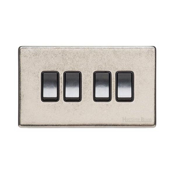 Heritage Brass Vintage Rustic Nickel 4 Gang 10A Switch with Black ...