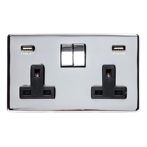 Heritage Brass Studio Polished Chrome 13A Double Socket and Dual USB ...